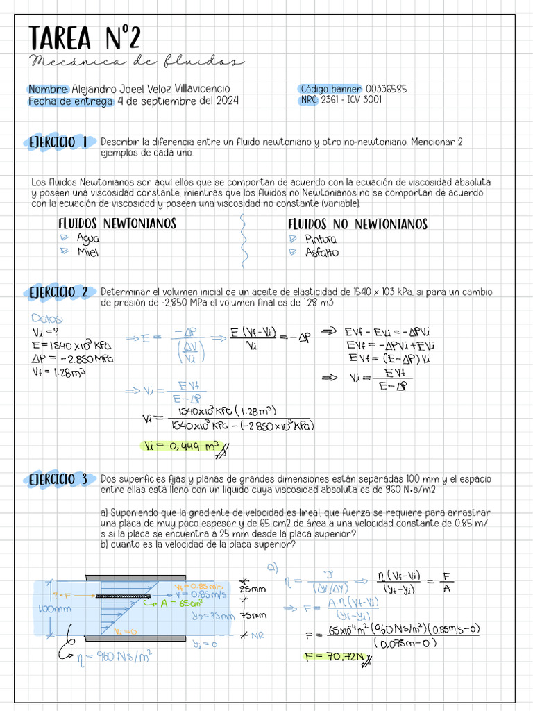 Tarea 2 - Alejandro Veloz | PDF | Viscosidad | Fluido
