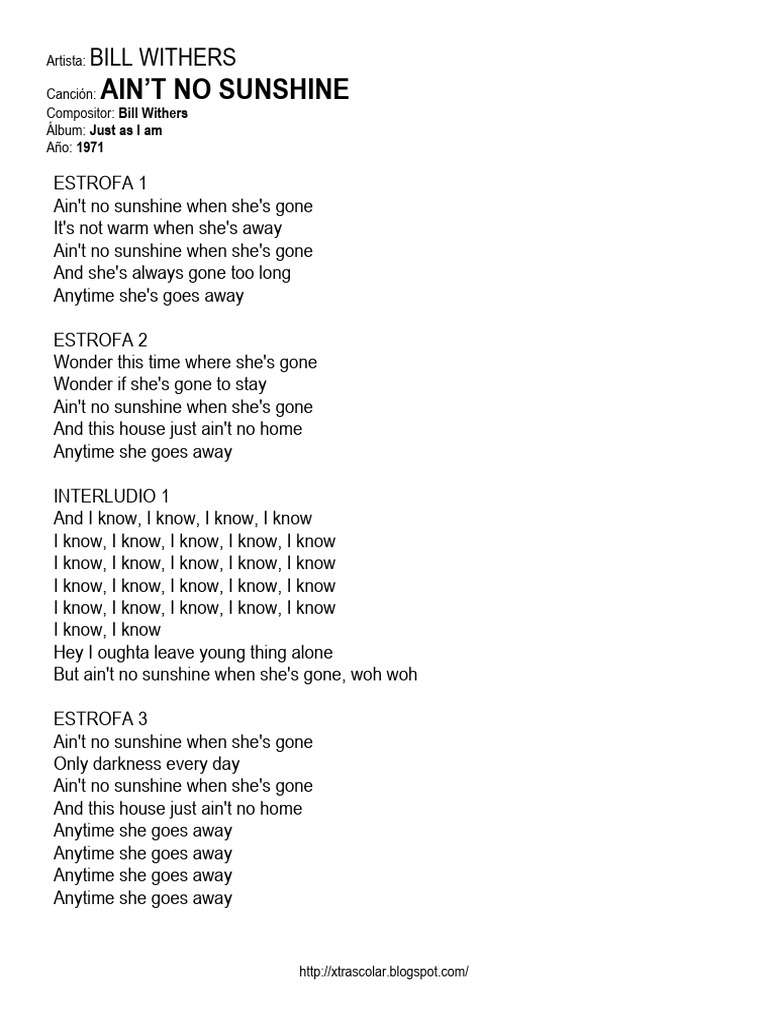 Ain't No Sunshine (Bill Withers) - Letra | PDF