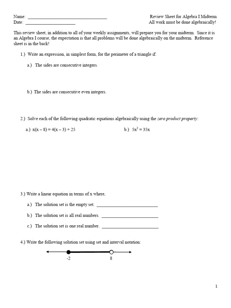 Algebra I Midterm Review Sheet | PDF | Equations | Algebra