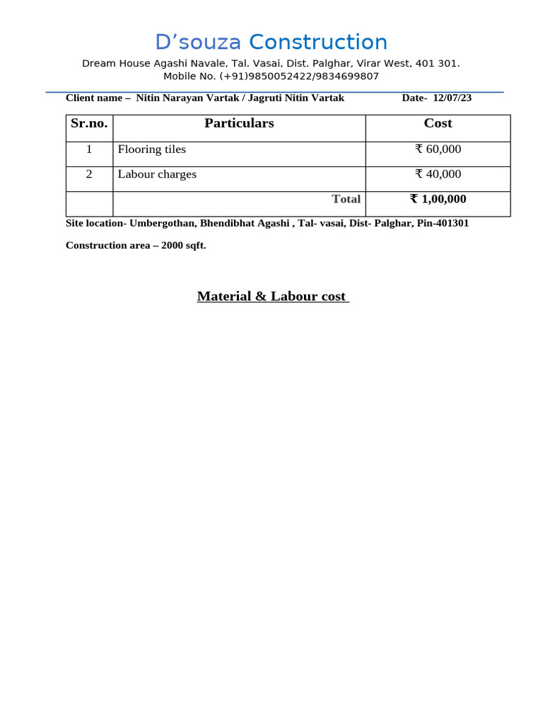 Labour Charges and Material | PDF