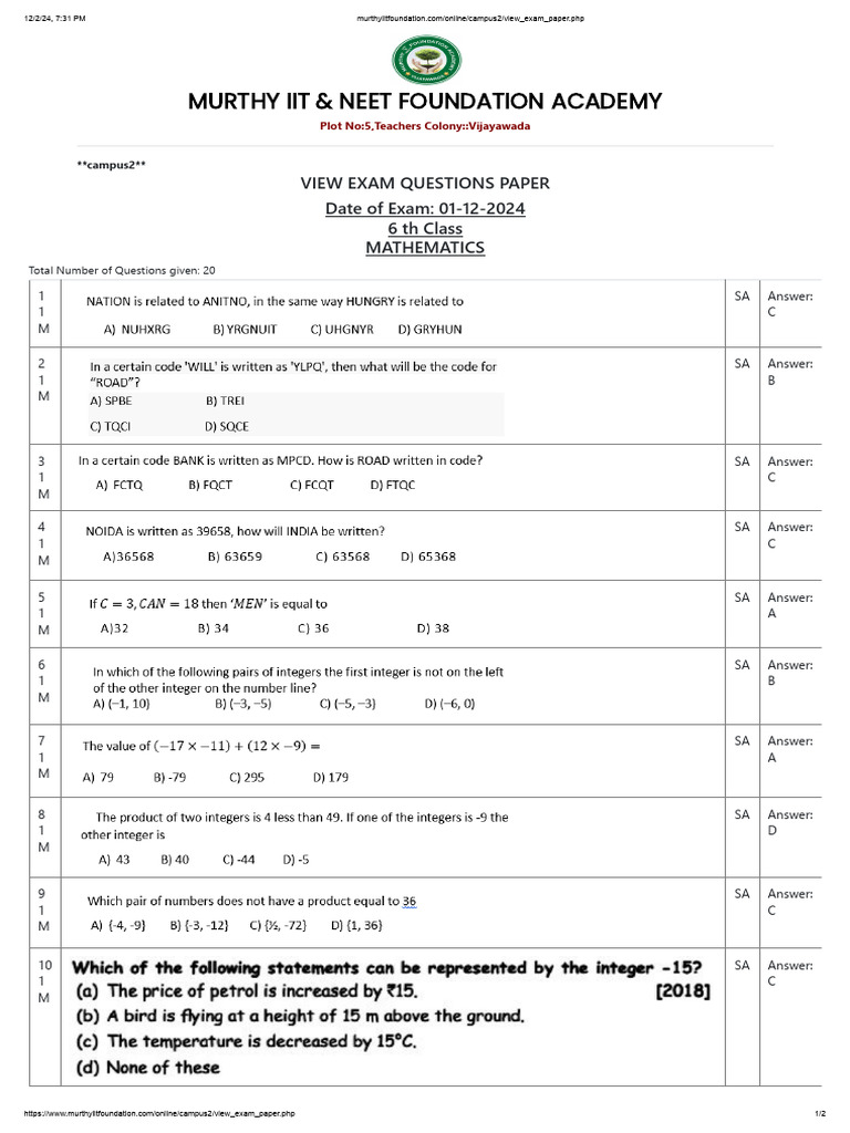6th Class Math Exam Paper 2024 | PDF | Standardized Tests | Tests