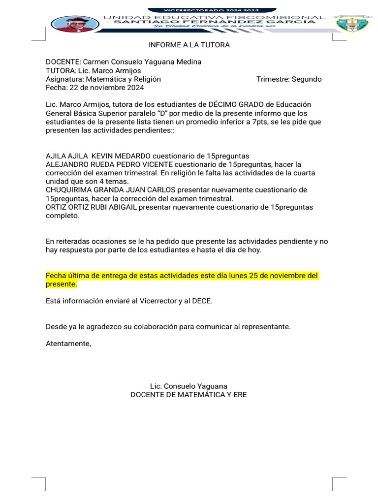 Informe Al Tutor Segundo Trimestre 10d Promedio Final | PDF