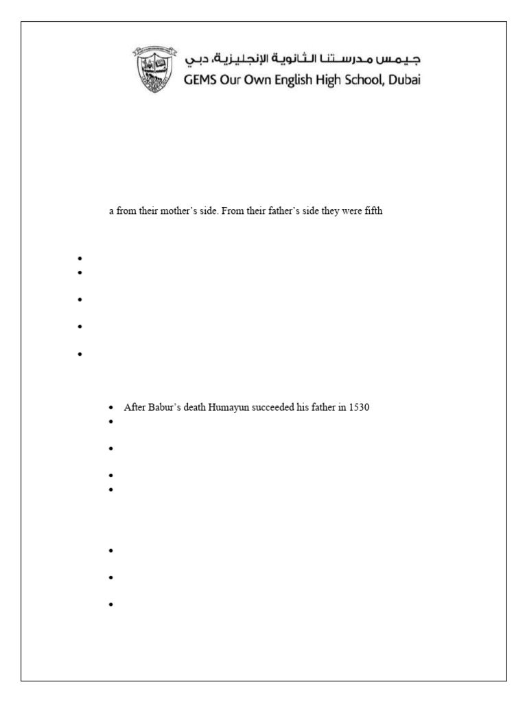 The Mughal Empire-Key notes- GEMS Our Own Dubai 2024 | PDF | Mughal Empire