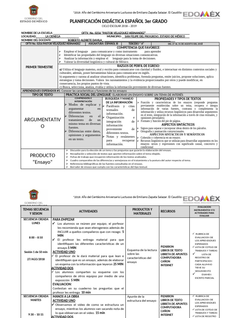 PLANIFICACIÓN DIDÁCTICA ESPAÑOL 3er GRADO | PDF | Evaluación | Sumario ...
