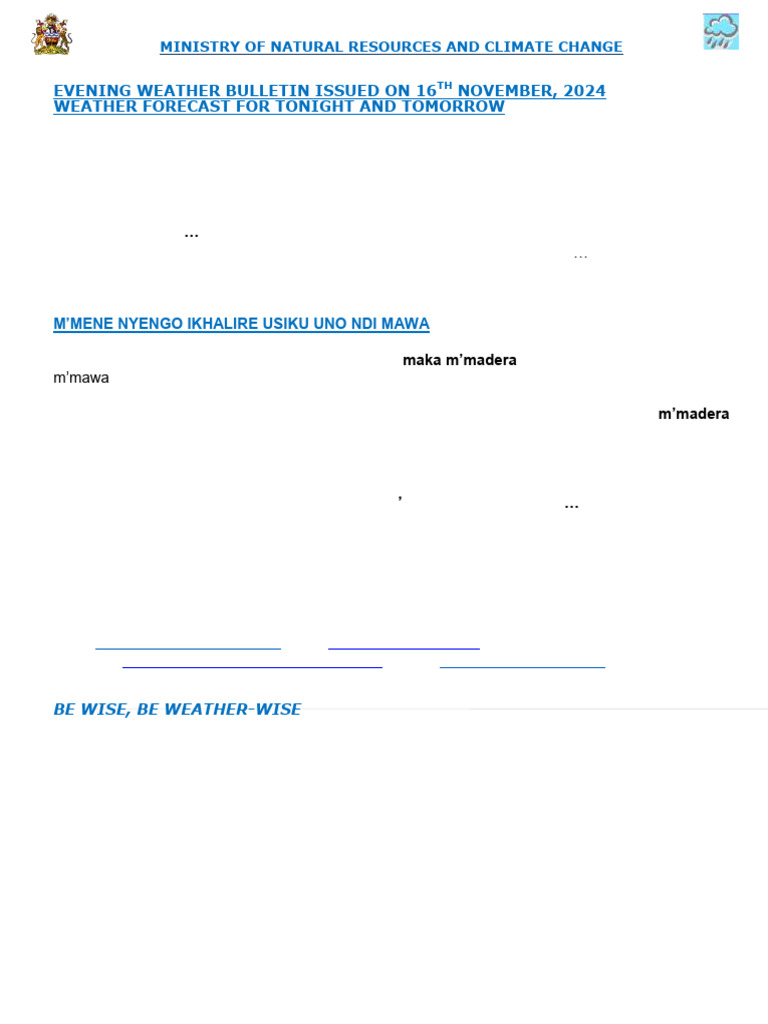 Malawi Evening Weather Update 16 Nov 2024 | PDF