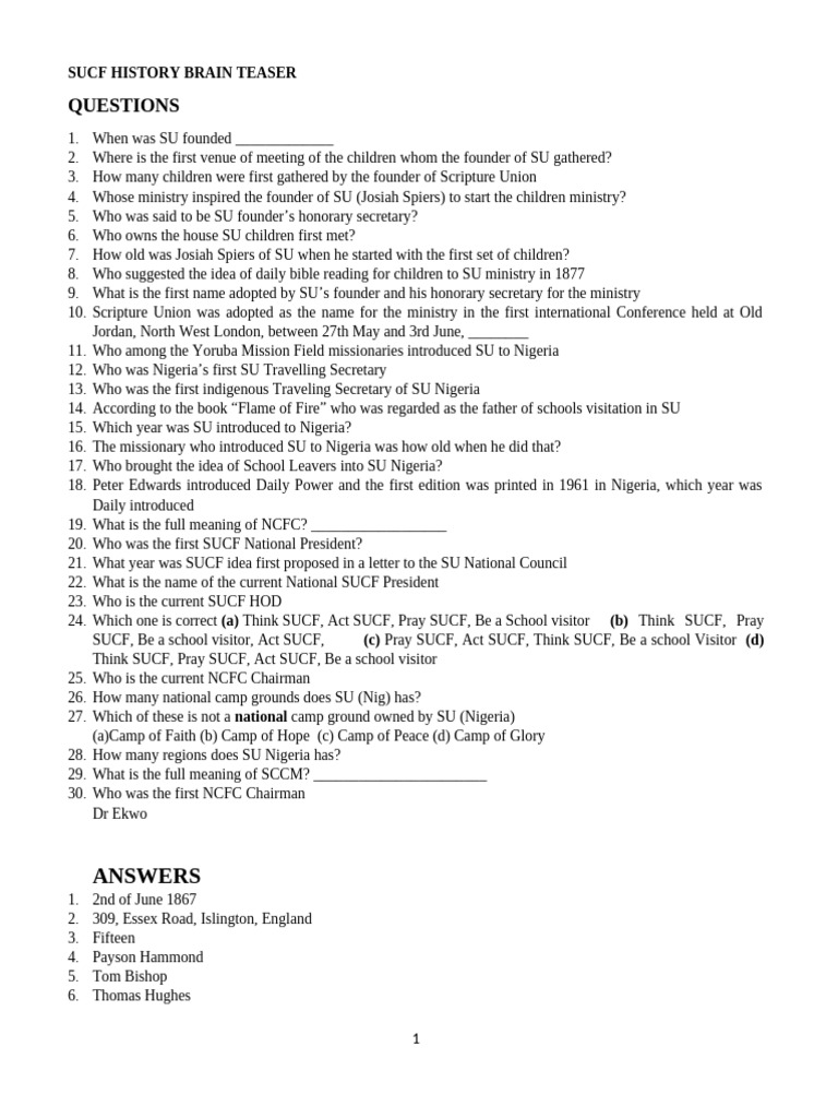 SUCF HISTORY BRAIN TEASER | PDF | Protestantism | Protestant ...