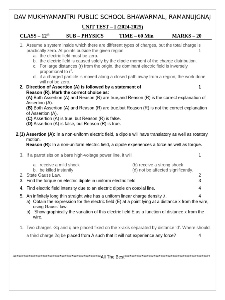 12th Physics UT-1 2024-25 | PDF | Electric Field | Dipole