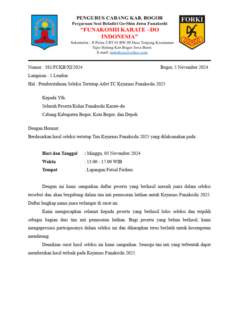 Surat Hasil Seleksi Tim Kejurnas Funakoshi 2025 | PDF