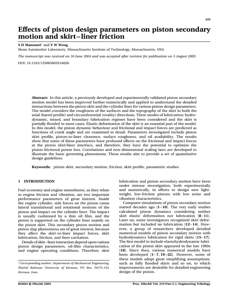 Effects of Piston Design Parameters On Piston Secondary Motions and ...