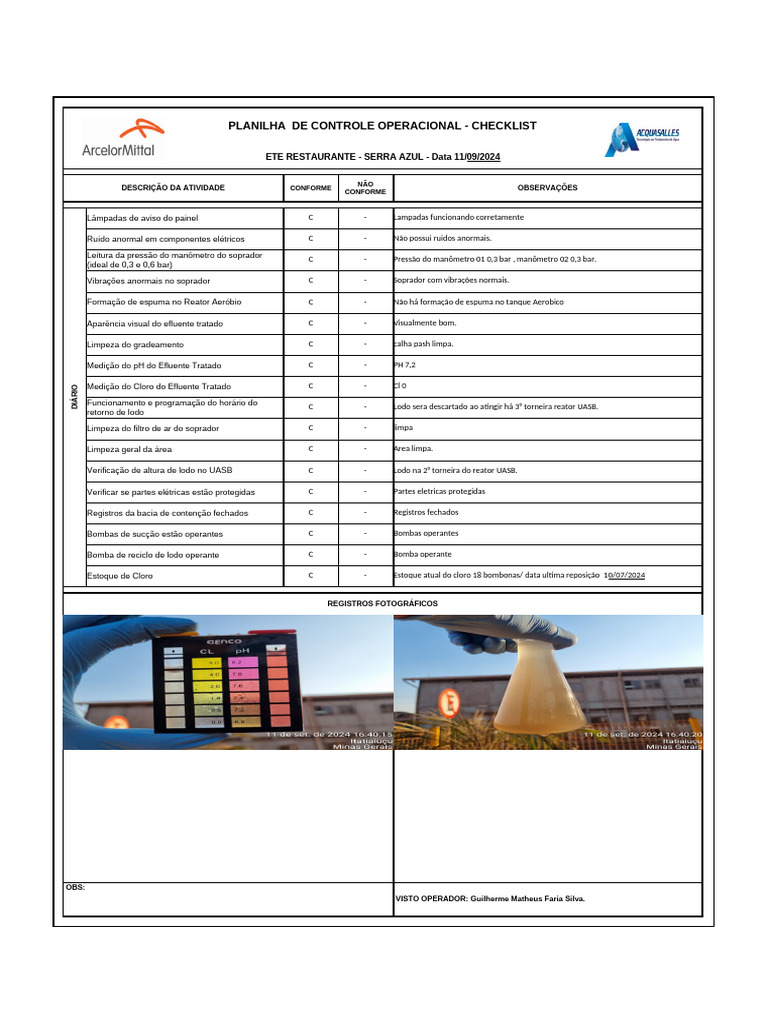 Checklist de Controle Operacional ETE | PDF