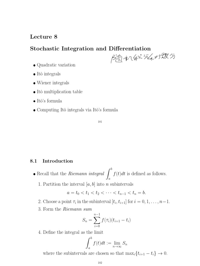 Lecture8 Stochastic Integration and Differentiation | PDF | Integral | Measure Theory