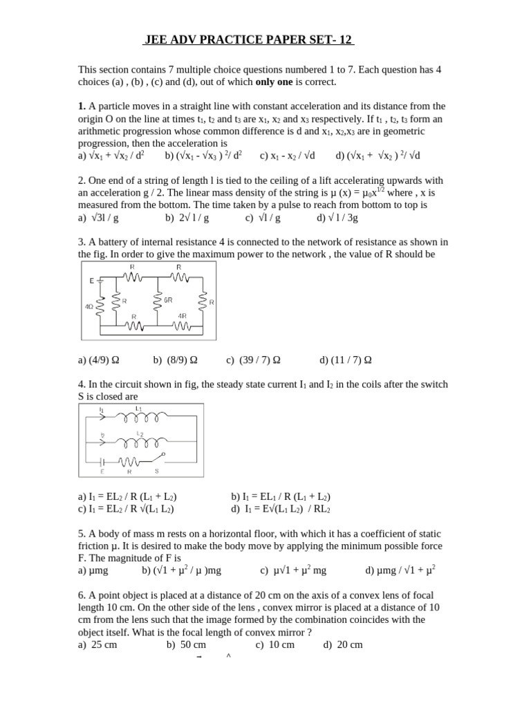 Jee Adv Practice Pape 12 | PDF | Gases | Classical Mechanics