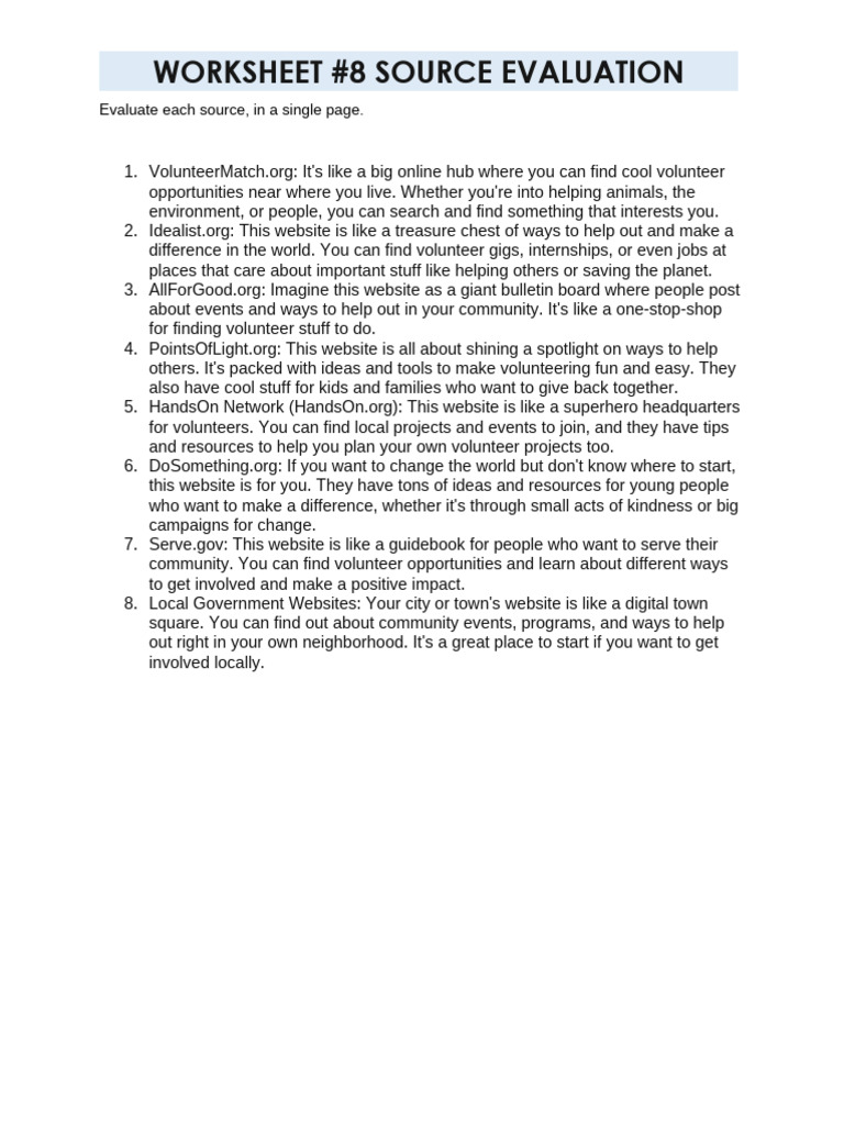 Worksheet 8 Source Evaluation | PDF