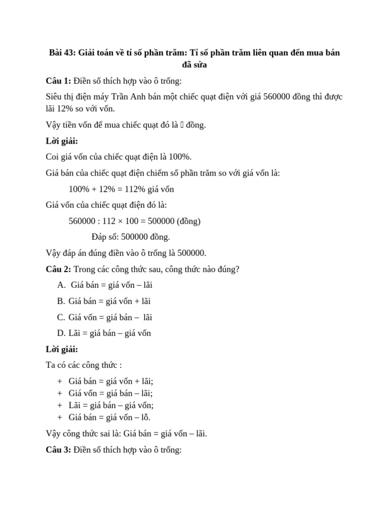 Bai Tap Trac Nghiem Giai Toan Ve Ti So Phan Tram Ti So Phan Tram Lien Quan Den Mua Ban Co Dap An ...
