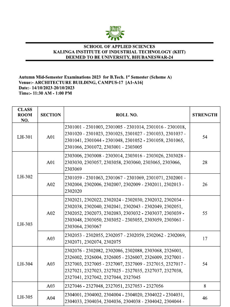 Seating Abstract-Mid Sem 2023 - 1st Sem | PDF