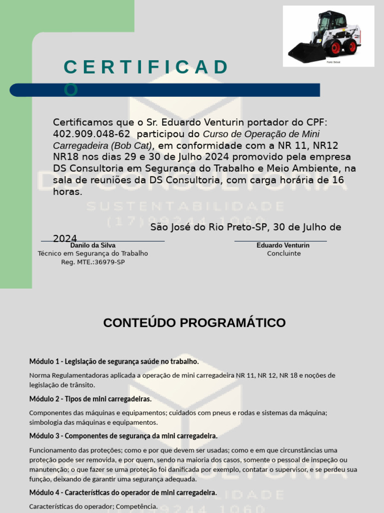 Certificado NR 11 - Mini Carregadeira - Bobcat | PDF