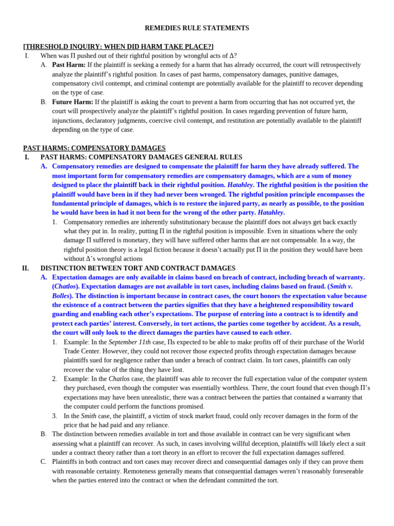 Remedies Attack Outline Notes | PDF | Damages | Legal Remedy