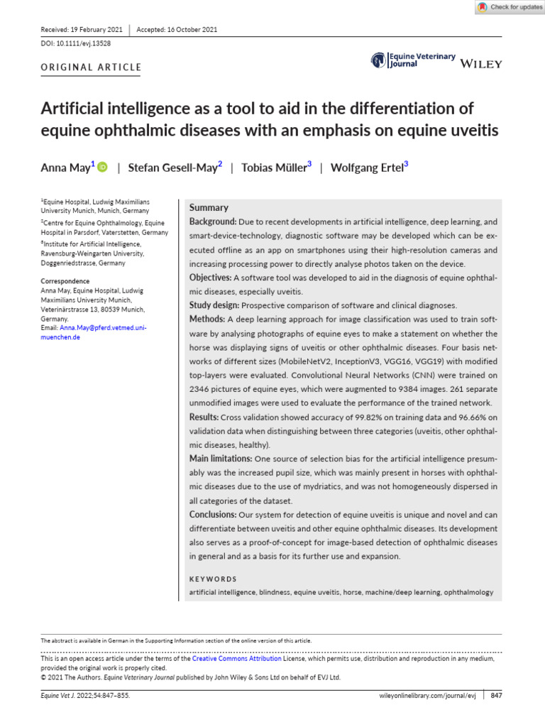 Equine Veterinary Journal - 2021 - May - Artificial Intelligence As A Tool To Aid in The ...
