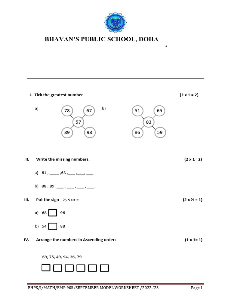 Grade 1 Math Worksheet 2022-23 | PDF
