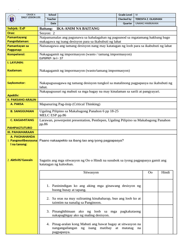 EsP6 Lesson Plan Q1 W2 | PDF