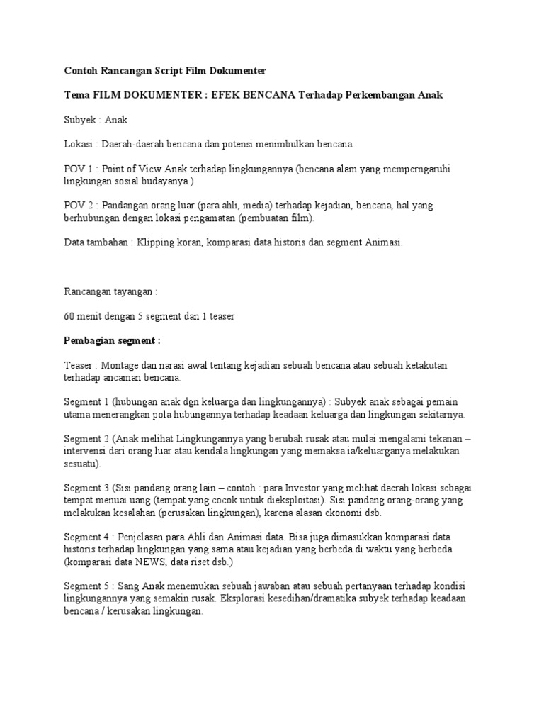 Contoh Rancangan Script Film Dokumenter | PDF