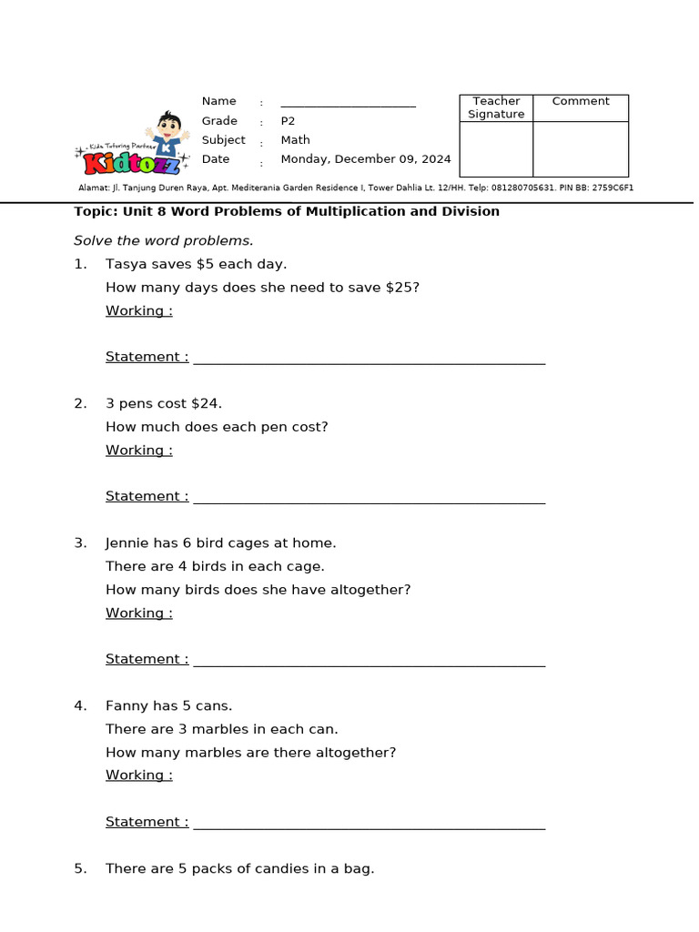 Math Unit 8 Word Problems of Multiplication and Division | PDF
