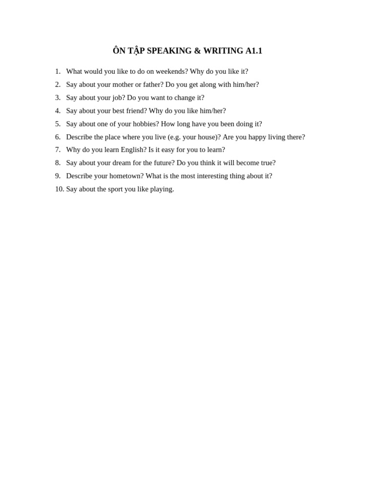 ÔN TẬP SPEAKING A1.1 | PDF