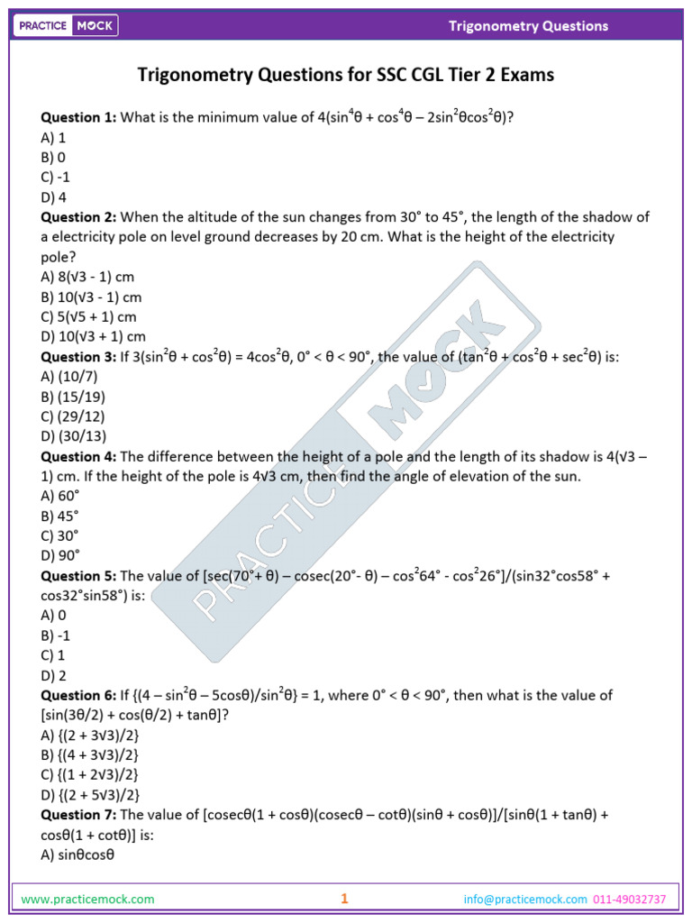 Trigonometry Questions For SSC CGL Tier 2 Exams | PDF