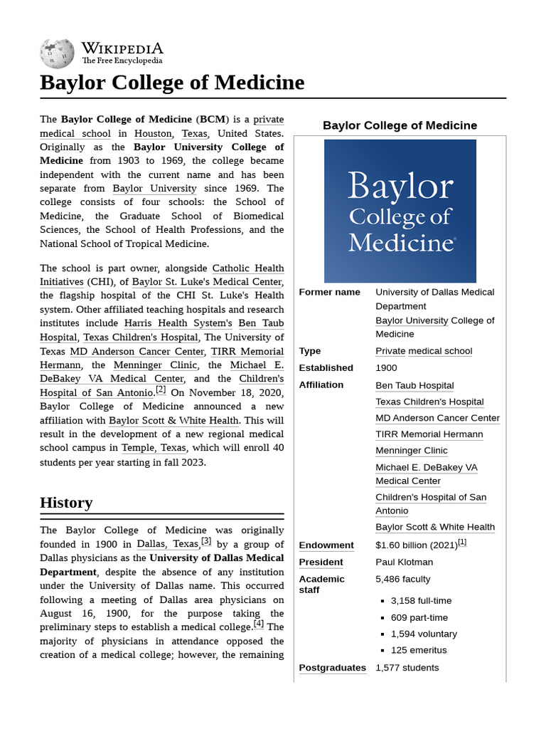 Baylor College of Medicine Overview | PDF | Health Care | Medicine