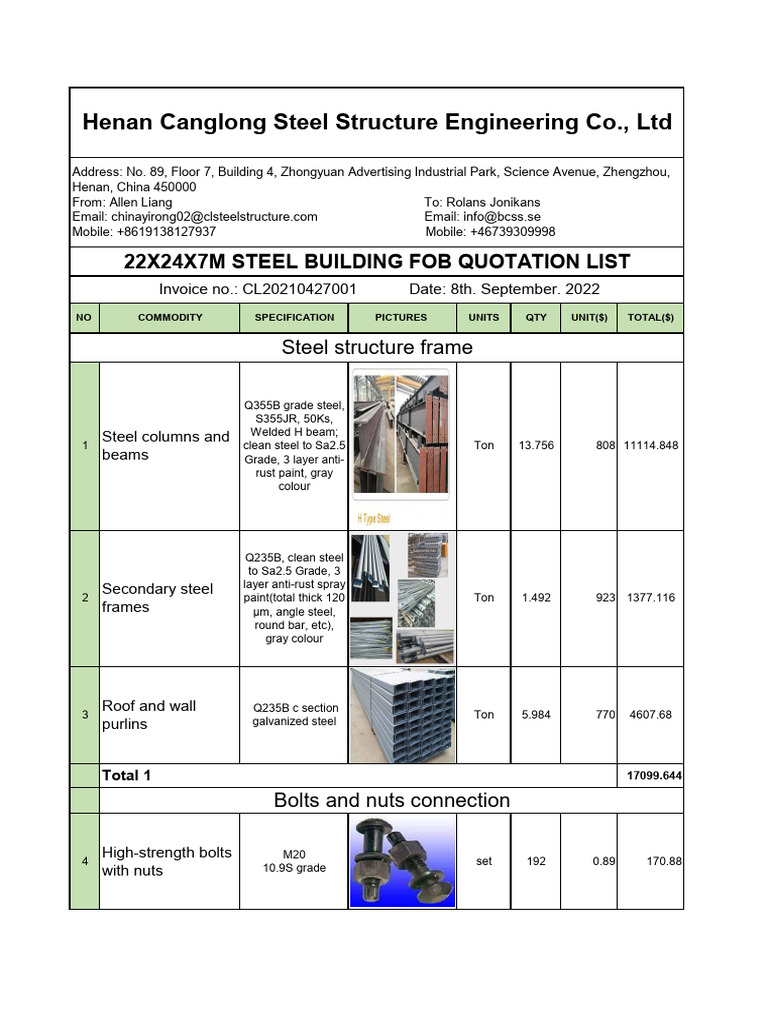 Steel Building Quotation from Canglong | PDF | Door | Roof