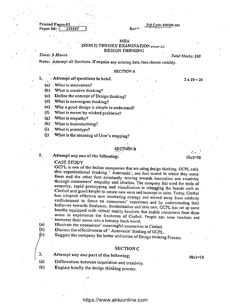 Mba 1 Sem Design Thinking KMBN 106 2023 | PDF