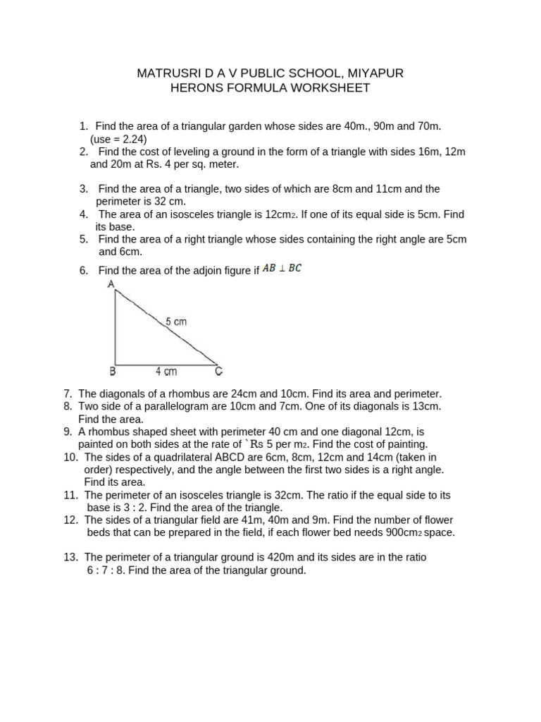 herons formula worksheet | PDF | Area | Triangle