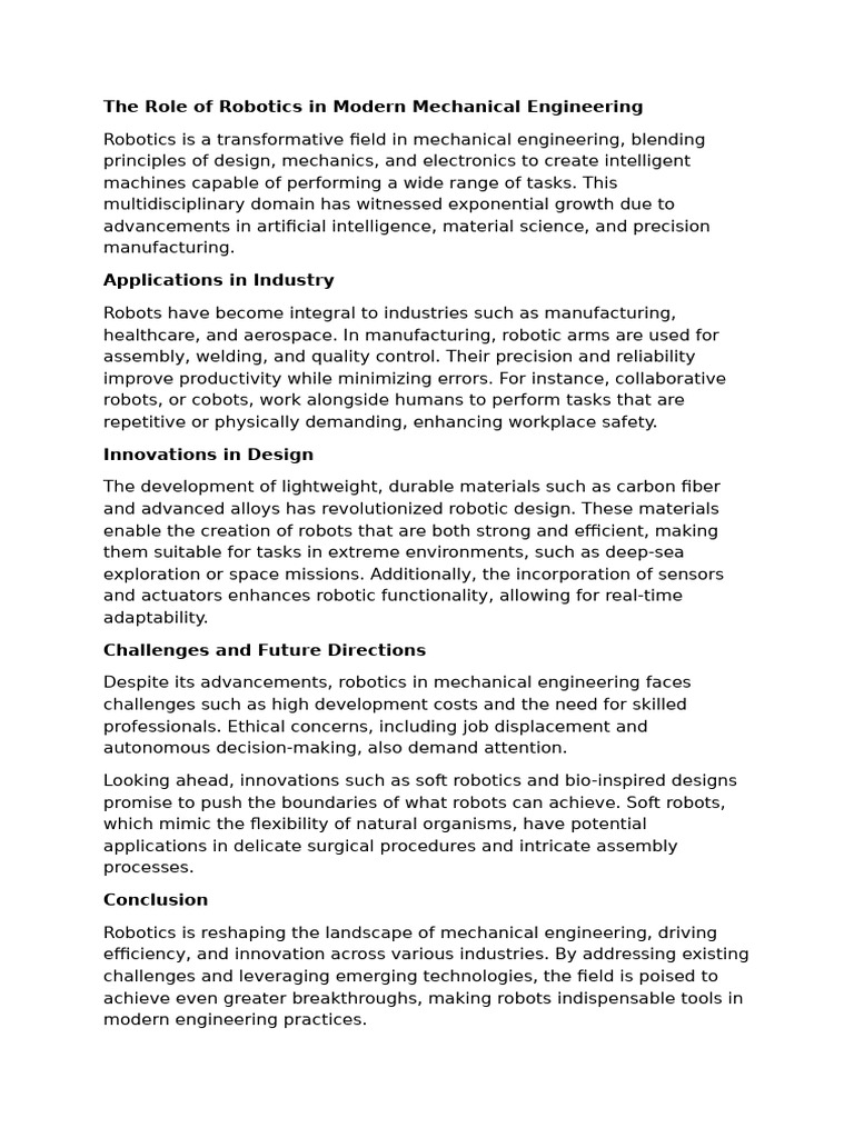 The Role of Robotics in Modern Mechanical Engineering | PDF