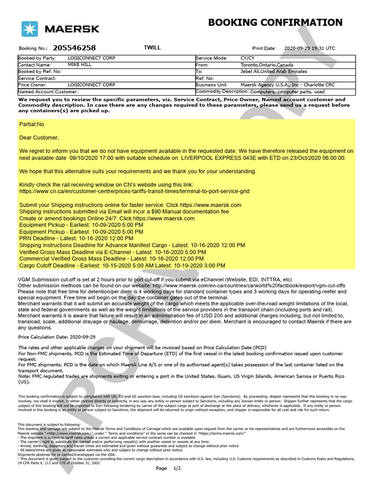Archive Copy: Booking Confirmation | PDF | Cargo | Freight Transport