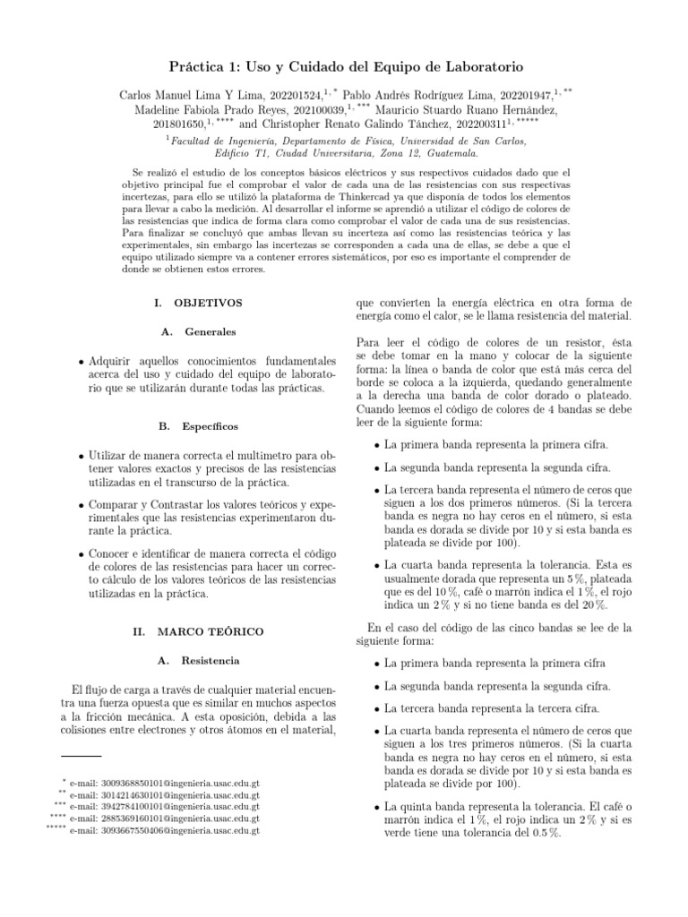 Práctica #1 - G1 - LF2 | PDF | Resistencia Eléctrica y Conductancia | Resistor