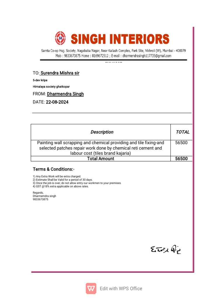 Dev Kripa Society Asalfa Civil Work Quotation | PDF