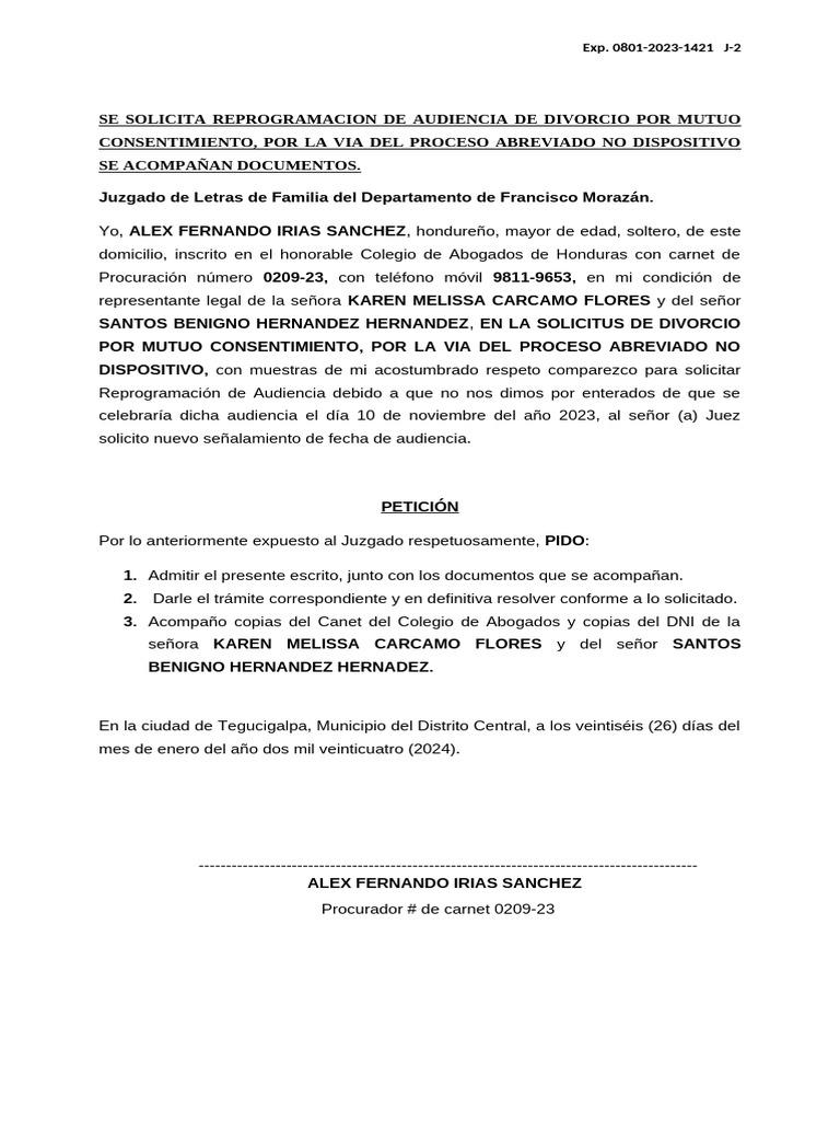 2, Se Solicita Reprogramacion de Audiencia Divorcio Por Mutua Karen y Santos | PDF