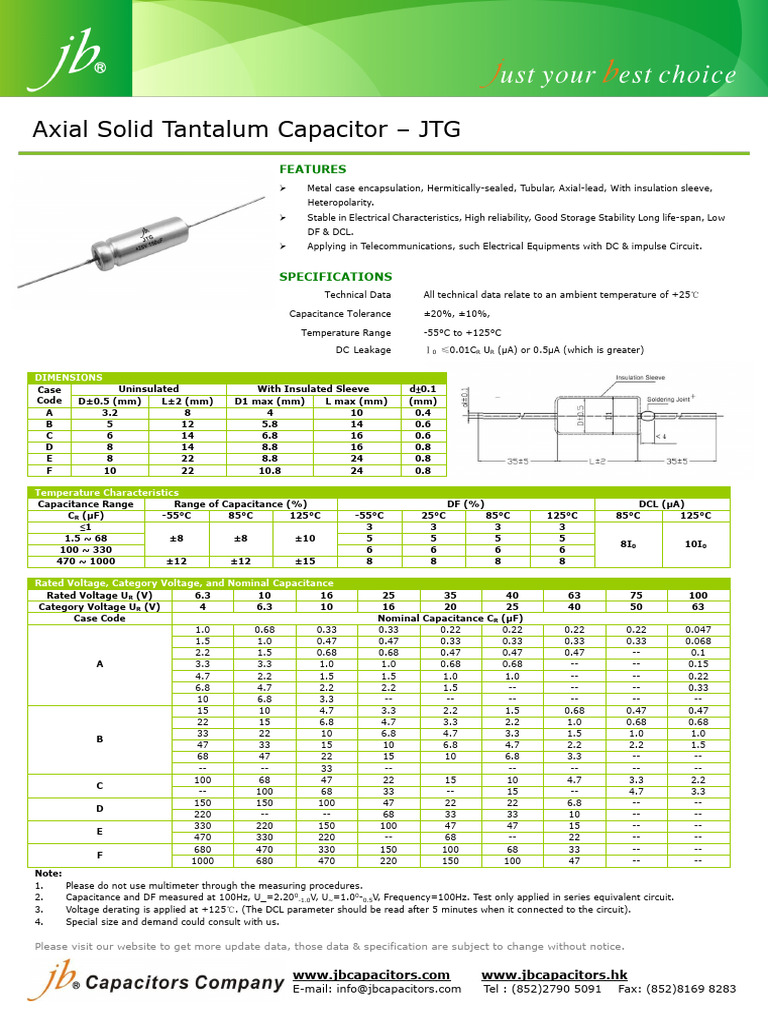 JTG Axial Solid Tantalum Capacitors | PDF | Capacitor | Materials Science