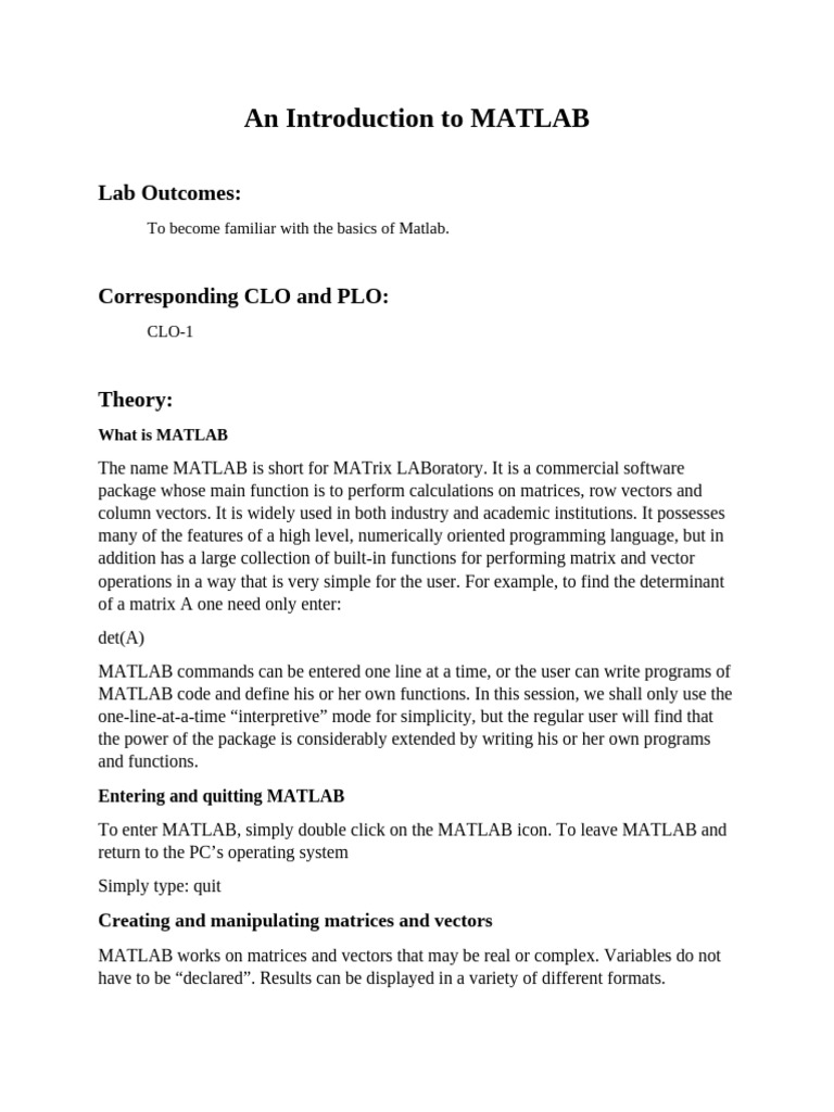 Lab No. 1 Math | PDF | Matlab | Matrix (Mathematics)