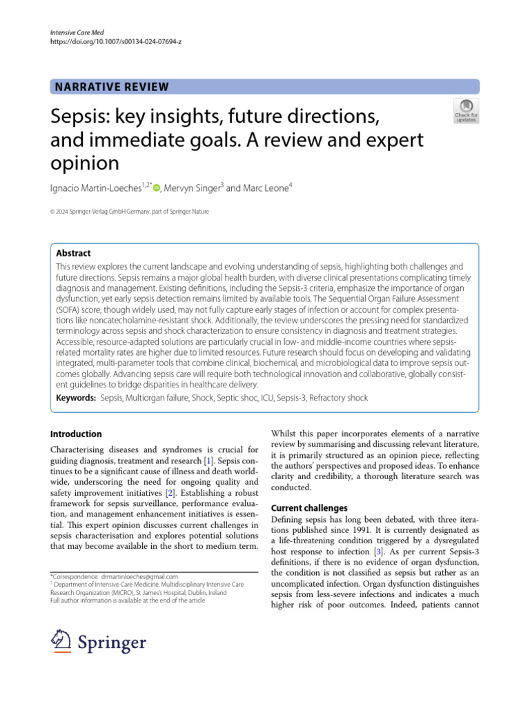 Sepsis Key Insights, Future Directions, and Immediate Goals. A Review ...
