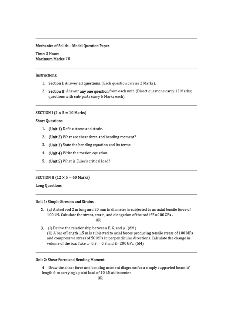MOS MODEL PAPER | PDF | Bending | Stress (Mechanics)
