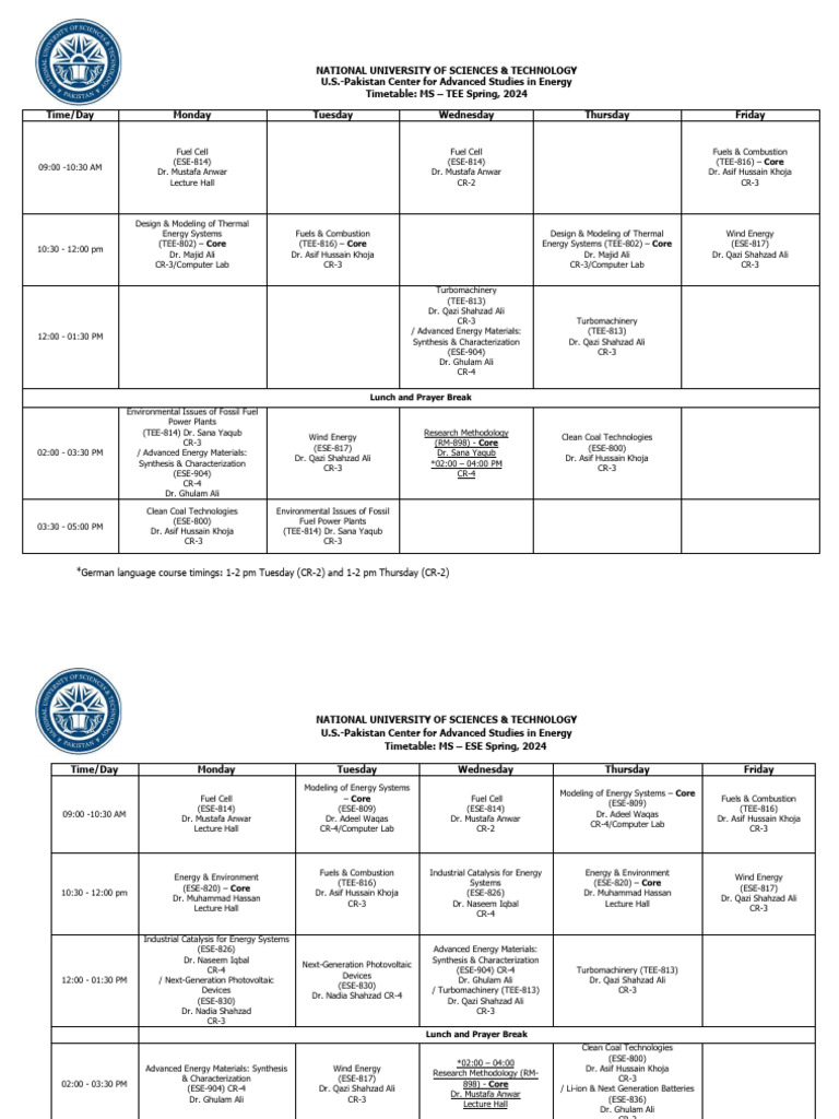 USPCAS E Timetable Spring 2024 Finalized 2 | PDF | Fuels | Electric Power
