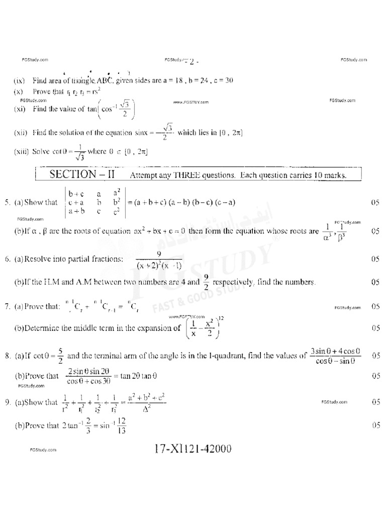 11th Class Mathematics Past Paper 2021 Faisalabad g1 Sub p2.Png | PDF