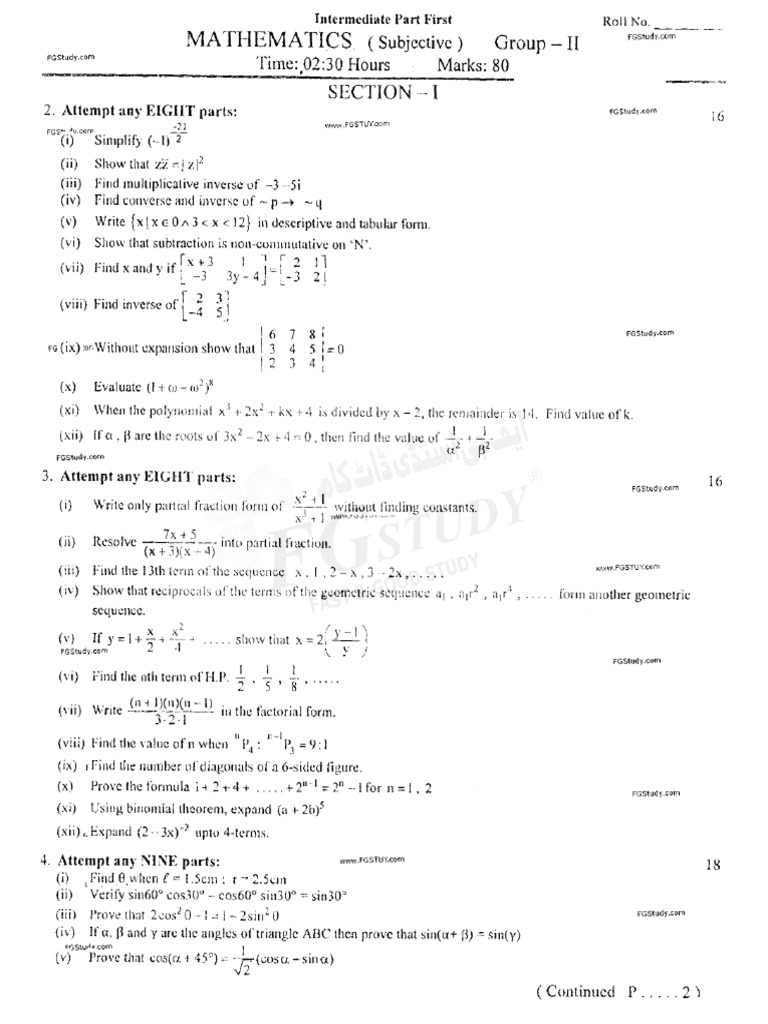 11th Class Mathematics Past Paper 2021 Faisalabad g2 Sub p1.Png | PDF