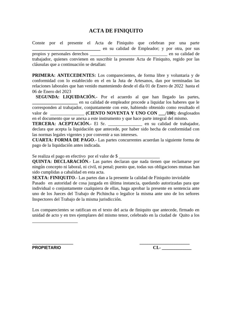 Modelo de Acta de Finiquito Laboral | PDF