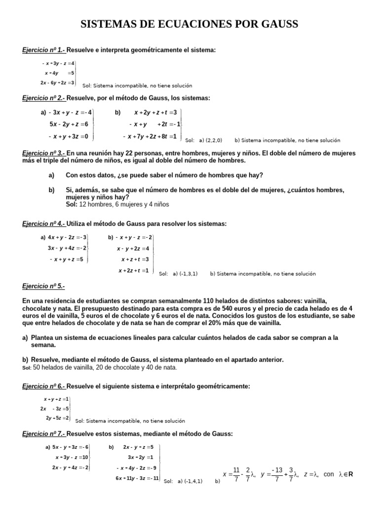 SISTEMAS - DE - ECUACIONES - POR - GAUSS Con Soluciones | PDF | Objetos ...