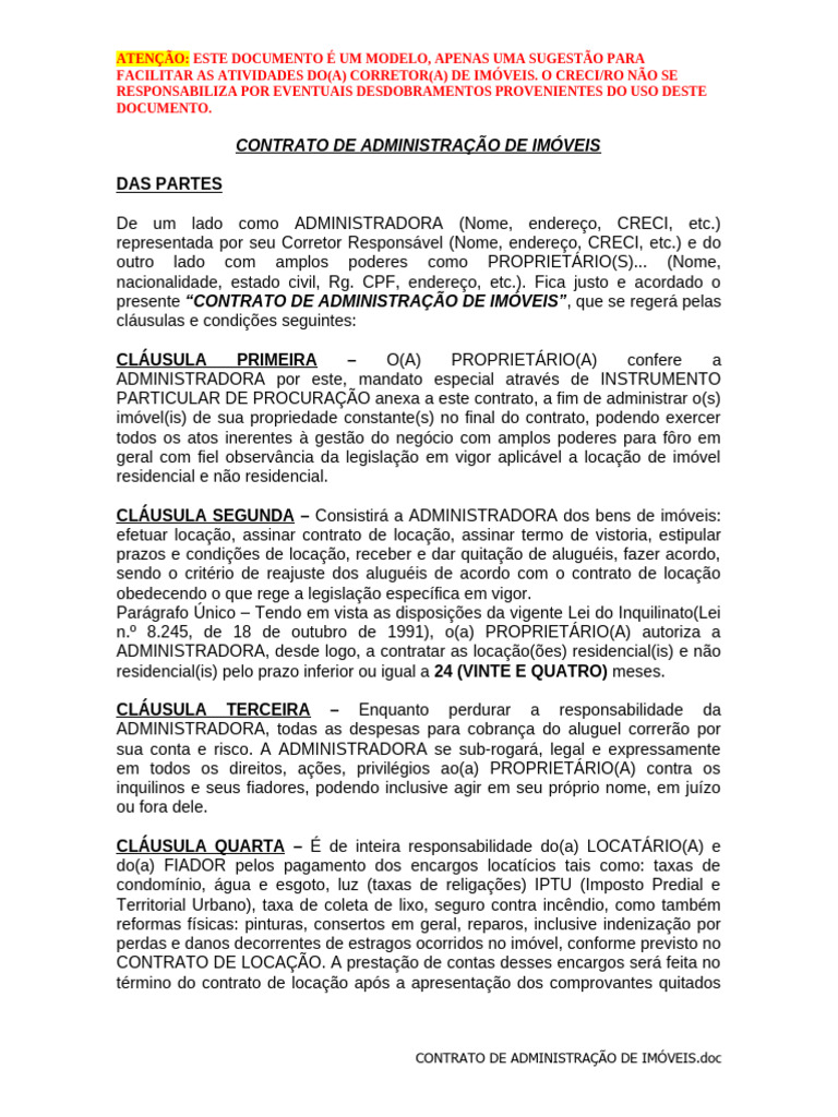 Modelo Contrato de Administracao de Imoveis | PDF | Aluguel ...