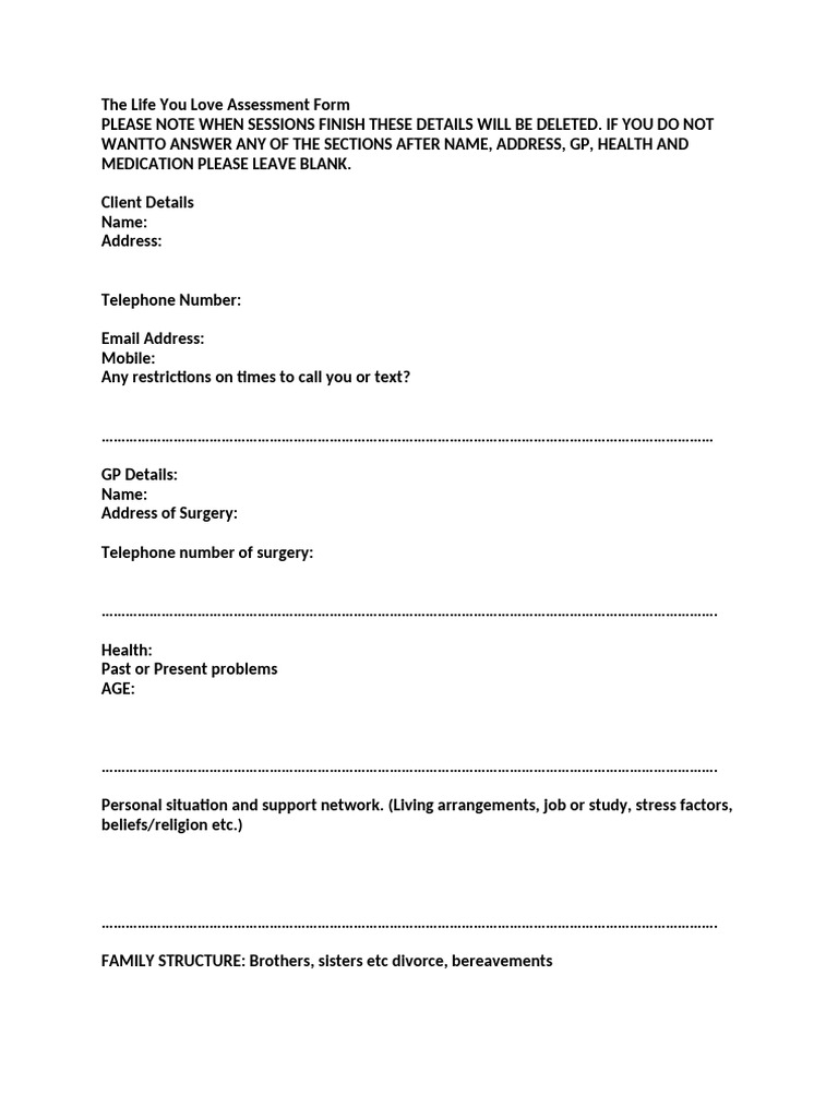 Assessment Form The Life You Love | PDF