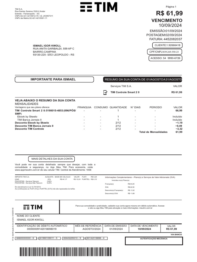 COMPROVANTE TIM ISMAEL | PDF
