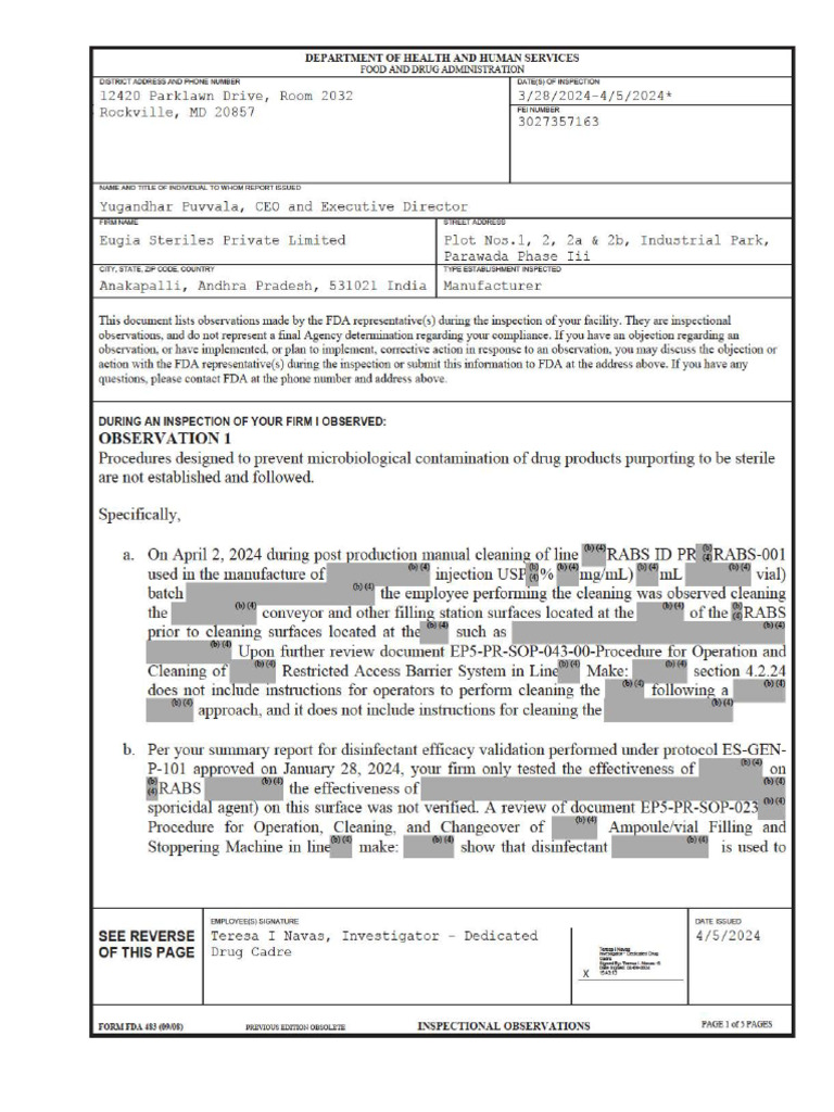 FDA Inspection Report: Eugia Steriles | PDF | Food And Drug Administration